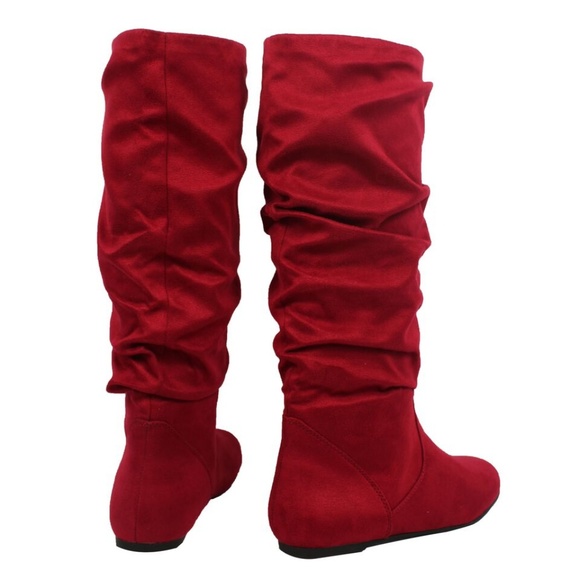 Shoes | Cherry Red Faux Suede Slouchy Knee High Flat Boot | Poshmark
